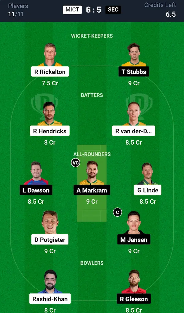 MICT vs SEC Dream11 Team Prediction Today Match 24th - SA20 2025