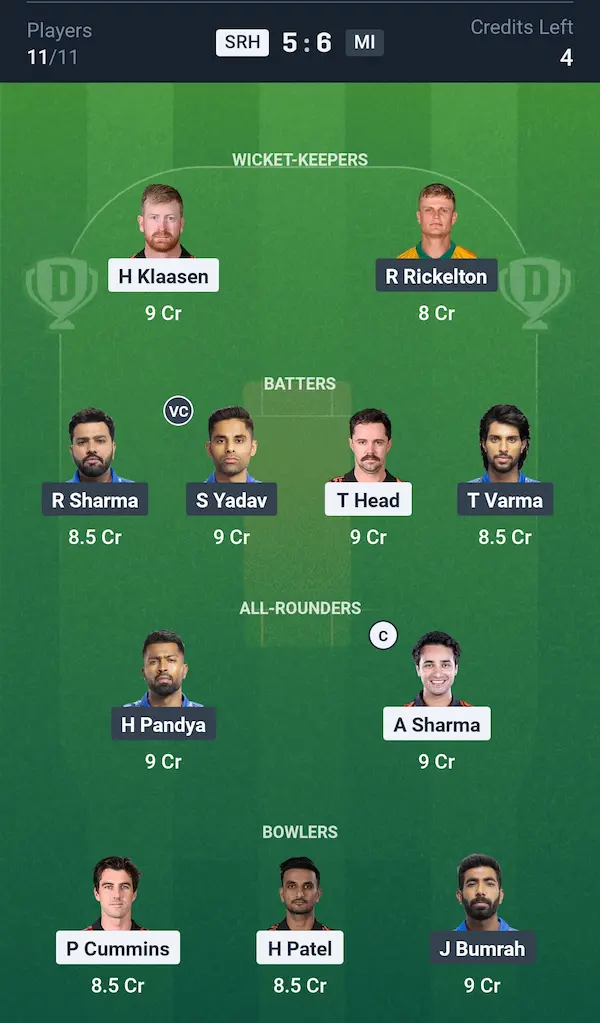 SRH vs MI Dream11 Team Prediction Today Match 41st IPL 2025