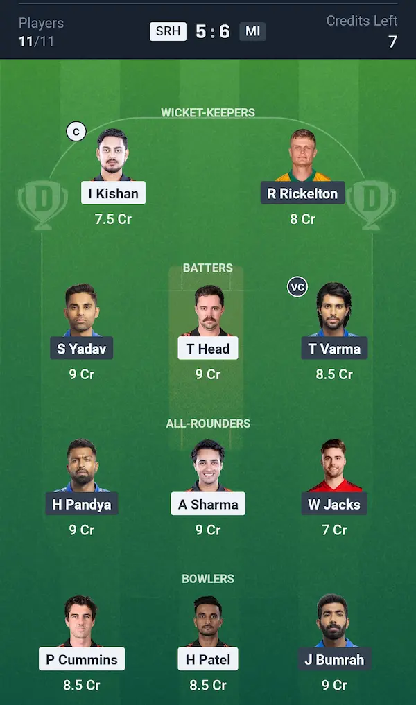 SRH vs MI Dream11 Team Prediction Today Match 41st IPL 2025