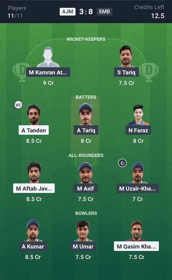AJM vs EMB Dream11 Team Prediction Today Match 26th