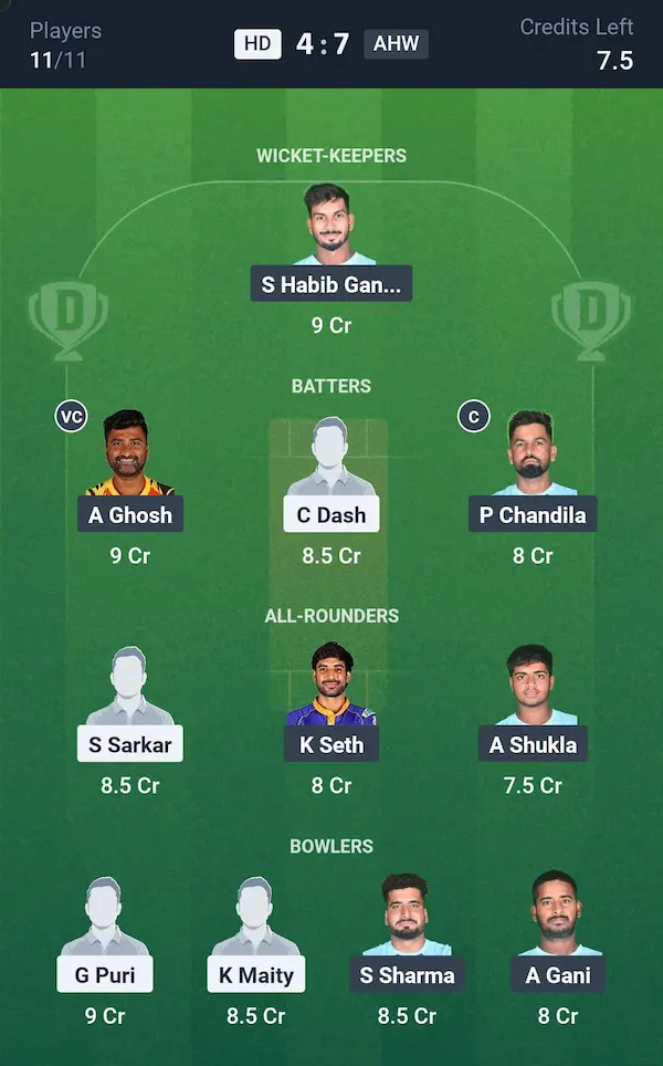 HD vs AHW Dream11 Prediction, Player Stats Bengal Pro T20 League, 2025 ...