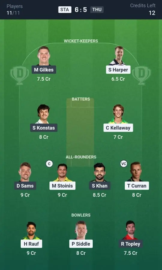STA vs THU Dream11 Prediction Today Match 14, Player Stats, Playing XI ...